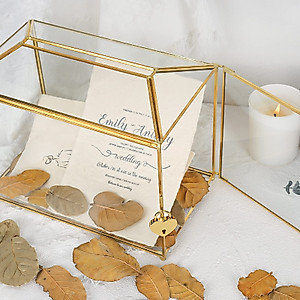 REDHUGO 10.2x5.9x7.9 in Medium Glass Card Box Handmade with Slot and Lock, Wedding Card Boxes for Reception, Graduation, Gift Cards, Party, Brass Geometric Terrarium, Golden Decorative Box