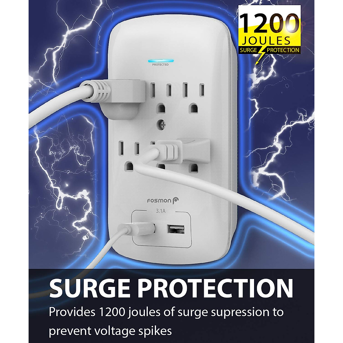 Fosmon 6 Outlet Surge Protector 1200 Joules with 2 USB Ports Charger (3.1A), Multi Plug Outlet Extender 1875 Watt, 3-Prong Grounded Wall Tap Adapter