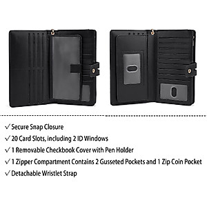 UTO RFID Wristlet Wallet for Women Detachable Checkbook Holder Card Bill Phone Organizer Large Clutch Purse