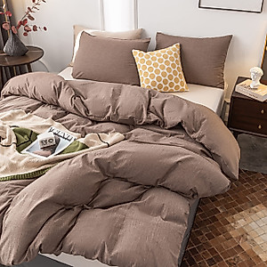 Janlive Washed Cotton Duvet Cover Queen Ultra Soft 100% Cotton Solid Color Coffee Duvet Cover Set with Zipper Closure -3 Pieces Coffee Queen