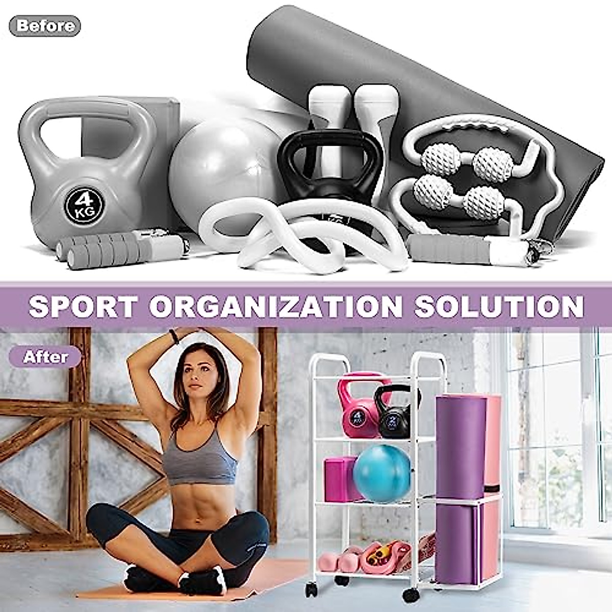 Emfogo Yoga Mat Holder Home Gym Storage Rack Yoga Mat Workout Storage for Foam Roller, Yoga Strap and Resistance Bands, Weight Rack for Dumbbells Workout Equipment Storage Organizer With Wheels