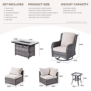 XIZZI Patio Furniture with Swivel Rocking Chairs,10 PCS Outdoor Sectional Sofa with 42" 50000 BTU Propane Fire Pit Table and Side Table,All Weather PE Rattan Outside Conversation Set (Beige)