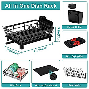 XILIDIA Dish Drying Rack with Drainboard, Grey Dish Racks for Kitchen Counter, Dish Dryer Rack with Drainage, Large Capacity Dish Drainer with Utensil Holder and Extra Dish Drying Mat