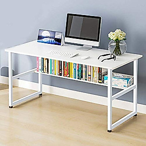 RICA-J Home Office Computer Desk with Bookshelf,43in Wood Computer Desk with Storage Shelves Modern Laptop Table Study Table Workstation for Home Office Furniture,Easy Assembly(White)
