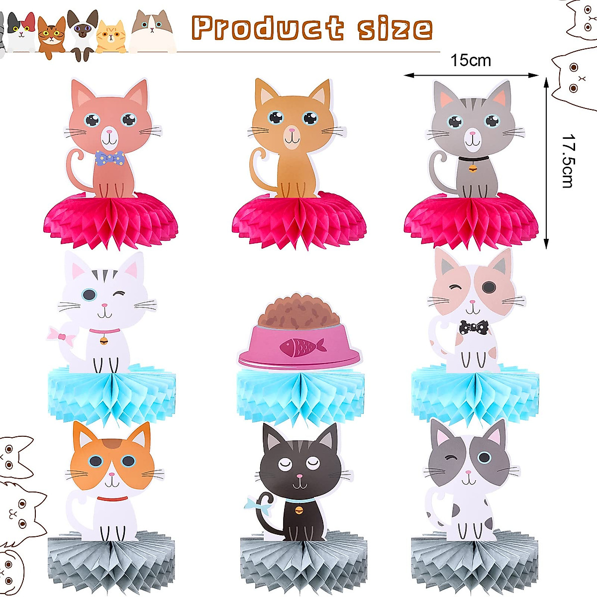 Chinco 9 Pcs Cat Party Centerpieces for Tables Cat Birthday Party Decorations Honeycomb Cat Party Supplies Cat Party Favor Table Decoration Cat Table Topper for Bridal Shower Wedding Birthday Party