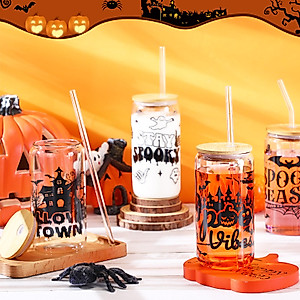 Umigy 12 Pcs Halloween Cups 16oz Halloween Mason Jar with Lid Straw Halloween Tumbler Ghost Iced Coffee Cups Beer Glassware Cookie Jar Gift Drinking Water Bottles Halloween Decoration (Retro Style)