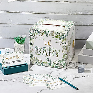 50 Pieces Greenery Diaper Raffle Tickets with Baby Shower Holder Box Baby Party Decorations Favors Sign Box Insert Ticket Diaper Raffle Game Kit