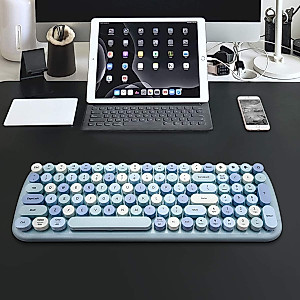 MOFII Bluetooth Wireless Keyboard for iPad, Laptop, PC, Mac, Smartphone, Connect 3 Bluetooth Devices, Cute Colorful Round Keys Retro Aesthetic Keyboard - Blue