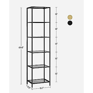 VASAGLE Bookcase, 6-Tier Bookshelf, Slim Shelving Unit for Bedroom, Bathroom, Home Office, Tempered Glass, Steel Frame, Black and Gray ULGT500G01
