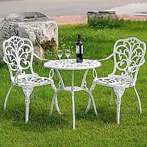 PATIO-IN Bistro Set 3 Piece Outdoor Patio Set, Rust Resistant Bistro Table and Chairs Furniture with Umbrella Hole, Cast Aluminum Bistro Table Set of 2 for Porch,Lawn,Garden,Backyard, White