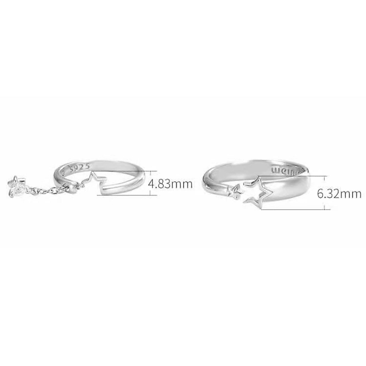2 Pcs Hollow Star Couple Fashion Meteor Ring Opening Adjustable Ring Promise Ring Friends Couple Gift Jewelry (Silver)