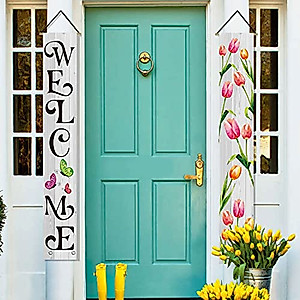 AVOIN Spring Welcome Tulip Wood Porch Sign, Butterfly Holiday Wedding Anniversary Mother's Day Hanging Banner Flag for Yard Indoor Outdoor Wedding Party 12 x 72 Inch