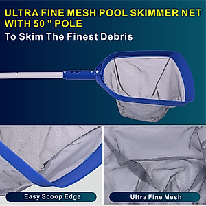 POOLAZA Pool Skimmer Net & Pool Brush Head with 50'' Aluminum Pool Pole, Fine Mesh Pool Net Skimmer Plus 14" Sturdy Pool Brushes for Cleaning Pool Walls, Ideal Pool Cleaning Kit for Above Ground Pool