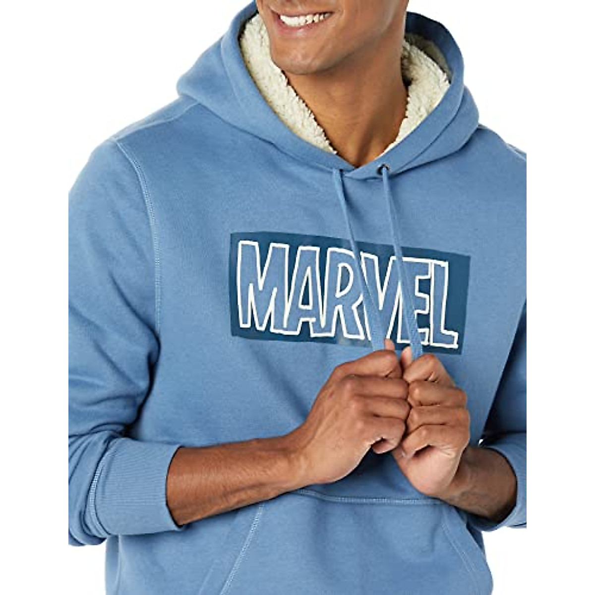 Amazon Essentials Men's Disney Sherpa-Lined Pullover Hoodie Sweatshirts, Marvel Logo, Medium
