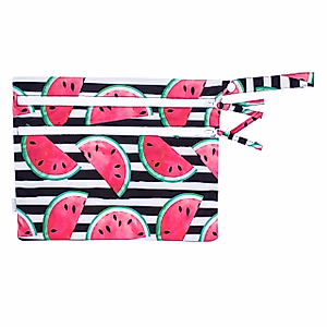 BapronBaby Summer Stripes Watermelon Wet Dry Bag - Waterproof Two Zipper Pockets - Reusable for Mealtime, Diapers, Stroller, Snacks, Swimsuits - Machine Washable - 11" x 9"