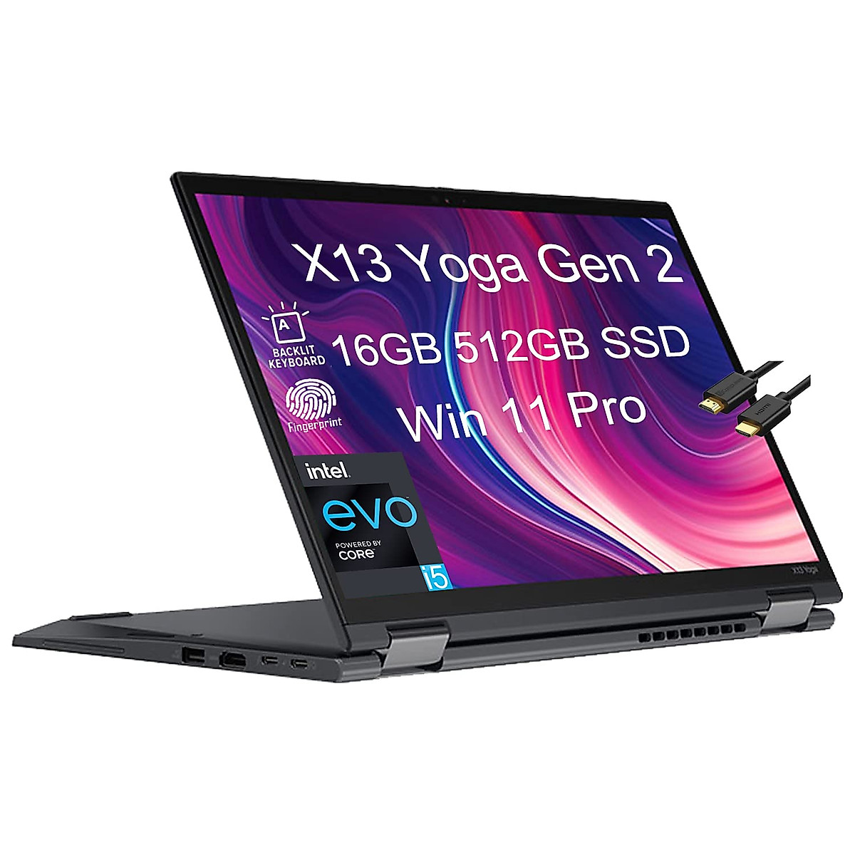 Lenovo ThinkPad X13 Yoga Gen 2 13.3" WUXGA 2-in-1 Touchscreen (Intel 4-Core i5-1145G7, 16GB RAM, 512GB SSD) Business Laptop, Thunderbolt 4, Backlit, Fingerprint, 3-Yr Warranty, IST Cable, Win 11 Pro