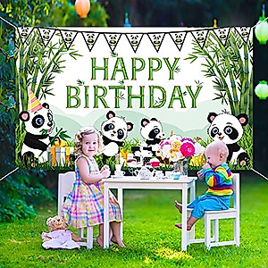 Cartoon Panda Happy Birthday Backdrop Green Bamboo Panda Theme Baby Shower Photo Background Kids Children Newborn Birthday Party Decorations Cake Table Decorations