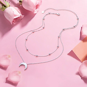 FLYOW Crescent Layered Choker Necklace S925 Sterling Silver Moon Pendant Jewelry Adjustable Clavicle Necklace for Women Birthday Gifts (Moon)