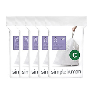 simplehuman Code C 100 Count, Genuine Custom Fit Liners, Drawstring Trash Bags in Dispenser Packs, 10-12 Liter / 2.6-3.2 Gallon, White, 20 Count (Pack of 5)