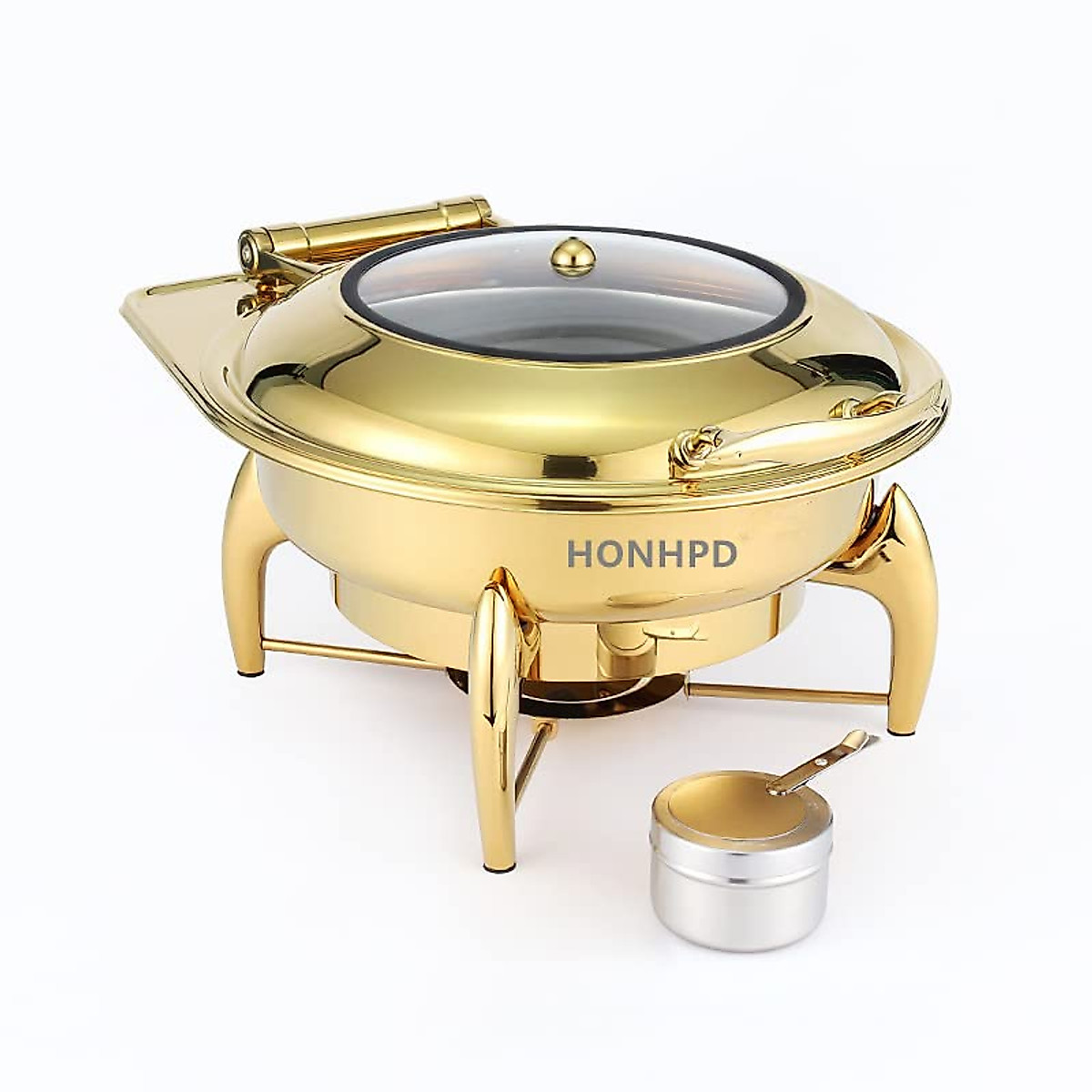HONHPD 6.8 QT Round Golden Chafing Dish, chaffing server set buffet, Stainless Steel Buffet Chafer with Glass Lid, Chafers and Buffet Warmers Set for Catering, Buffet Food Warmer for Parties