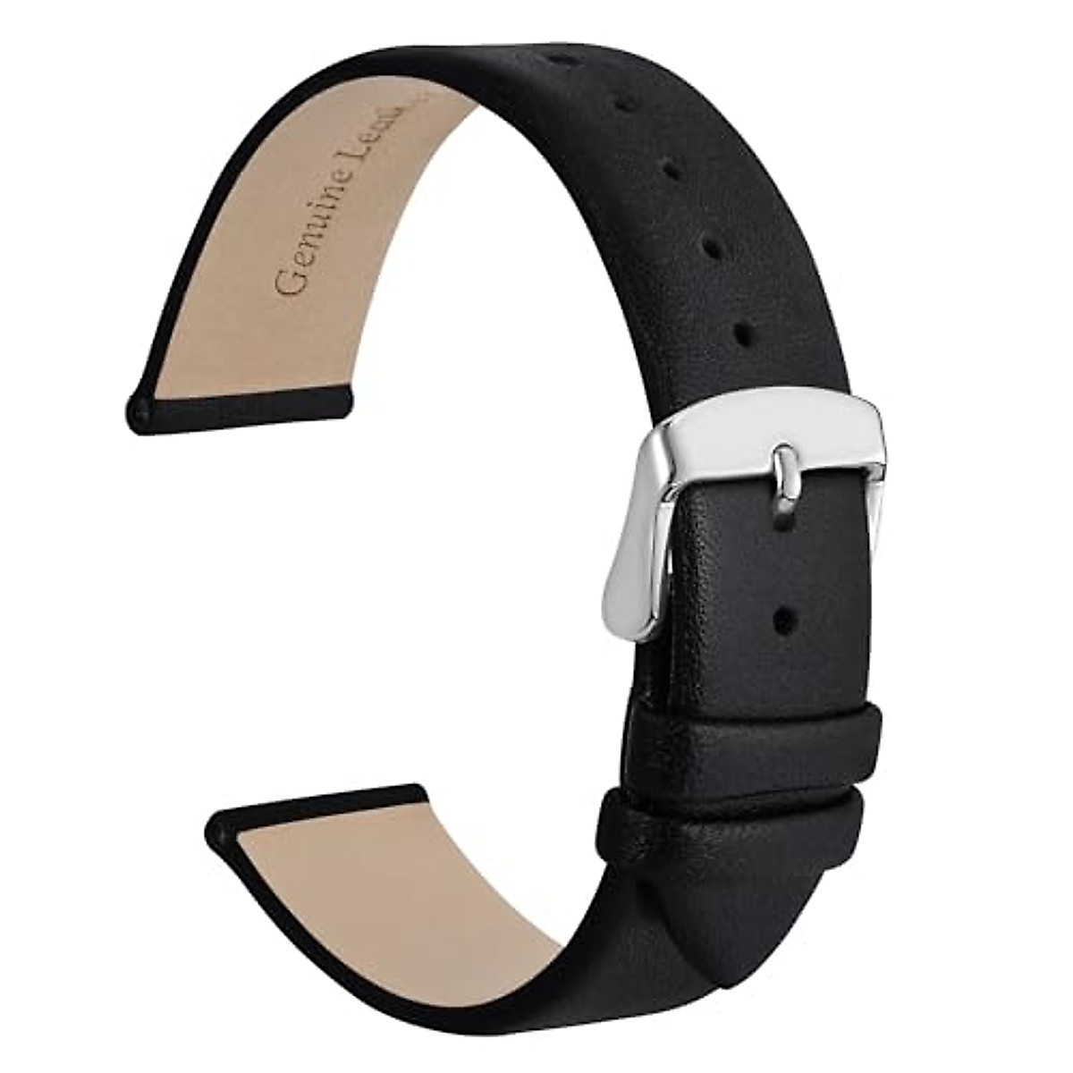 WOCCI 14mm Lug Width, Elegant Watch Band, Genuine Leather Replacement Strap with Silver Buckle (Black)