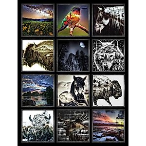 Hoffman California Fabrics 57"" X 44"" Panel Wild Animals Creatures Nature Bison Wolves Moose Horses Birds Landscapes Cotton Fabric Panel (V5291-742-DUSK), Black