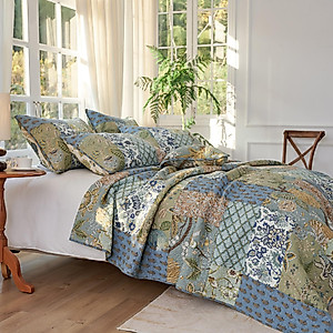 Secgo King Size Comforter Set- 100% Cotton Quilt King Size Set, Green, Sage bedspreads (96 * 108 Inch) with 2 Pillow Shams, Patchwork Reversible Lightweight Bedding