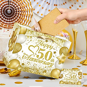 50th Anniversary Paper Gift Bag, White Gold 50th Anniversary Party Gift Bag with Tissue Papers Card 50th Wedding Anniversary Paper Gift Wrapping Bag 50th Golden Wedding Anniversary Christmas Decor