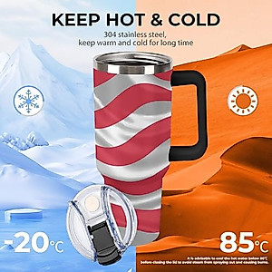 Stainless Steel Cups Red Blue White American Flag, Handle Tumbler Cup with Rubber Ring and Straw, Funny Water Bottle for Women and Men Outdoor Travel