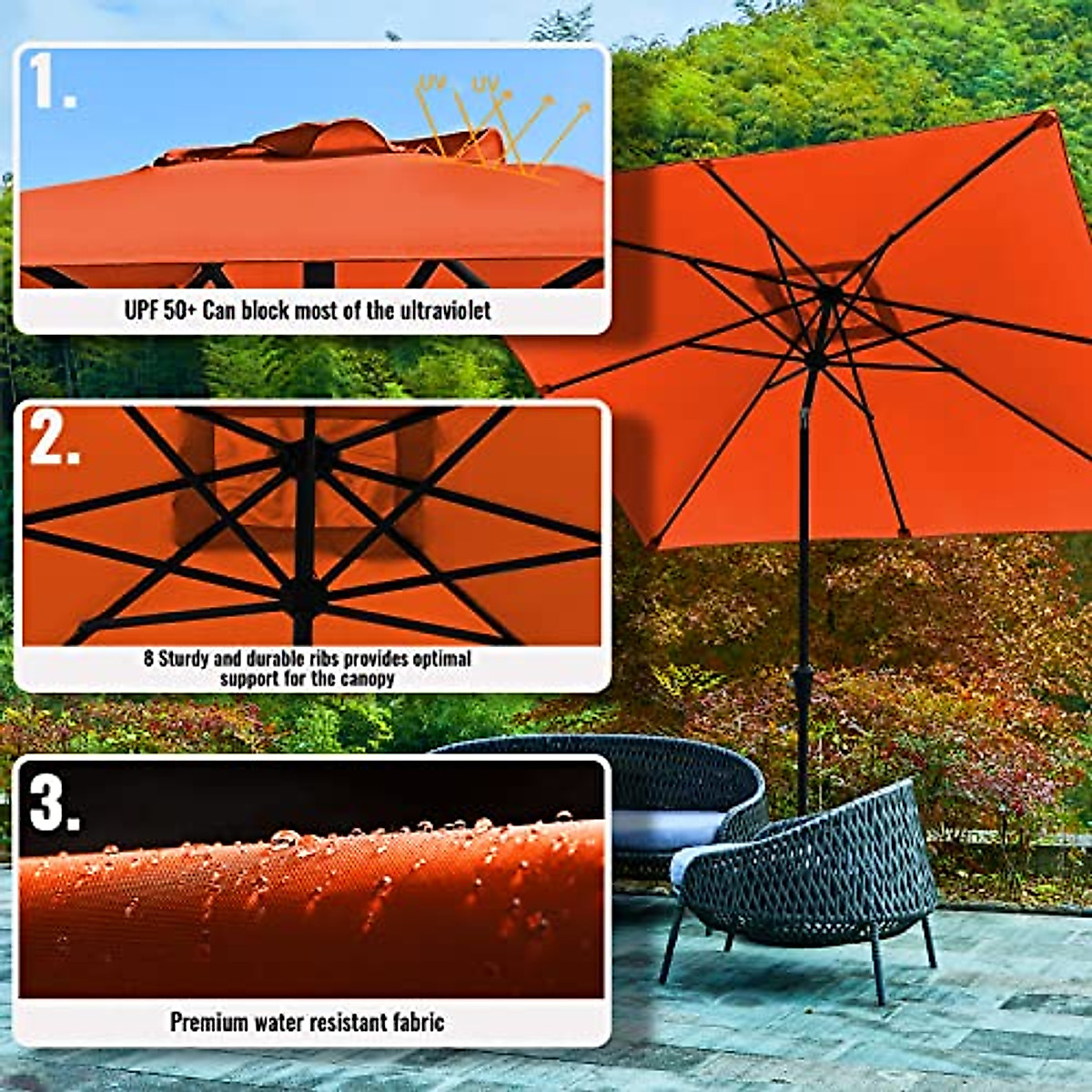 ROWHY Square8×8ft Patio Table Market Umbrella Outdoor Portable Garden Sunshade with Push Button Tilt and Crank Lift System UV Protection Waterproof Sunproof for Lawn Garden, Deck, Backyard ORANGE