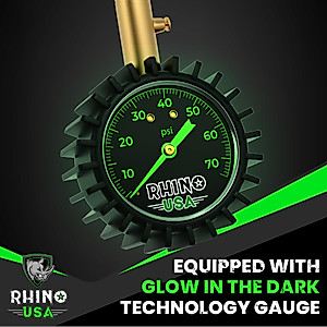 Rhino USA Heavy Duty Tire Pressure Gauge (0-75 PSI) - Certified ANSI B40.1 Accurate, Large 2" Easy Read Glow Dial, Premium Braided Hose, Solid Brass Hardware, Best for Any Car, Truck, Motorcycle, RV