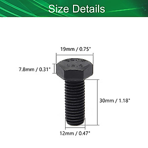 Yinpecly M12 x 30mm Carbon Steel Grade 12.9 External Hex Head Screw Bolts Metric Fully Thread Hexagon Bolts Fastener, 37.8 x 19 x 19mm (Lx W x H) for Machinery Furniture Hardware Black 5pcs