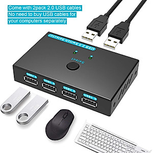 SGEYR Metal USB Switch 2 Computers Sharing 4 USB Devices USB 2.0 Switcher Box, USB Peripheral Switch Adapter, for Printer, Mouse, Scanner, PCs with One-Button Swapping and 2 Pack USB A to A Cable