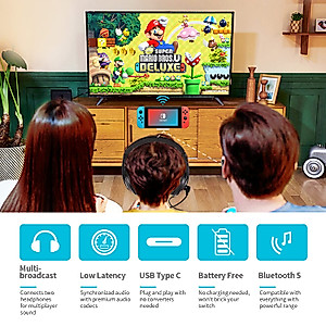 KVEMAUT Bluetooth Adapter Compatible with Nintendo Switch/Lite, PC/Laptop/TV/PS4/PS5, USB-C Wireless Audio Transmitter with aptX-LL, Low Latency Converter Connecting for Headphone Speakers (Black)