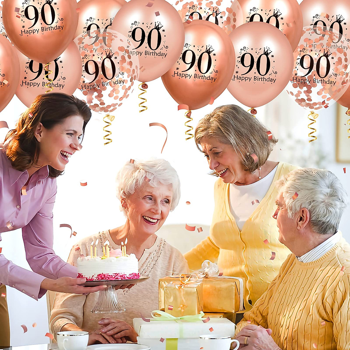 RUMIA 18pcs Rose Gold 90th Birthday Balloons, Latex Balloons with Confetti Design, Party Decorations for Women Men 90th Birthday Anniversary Decor Supplies