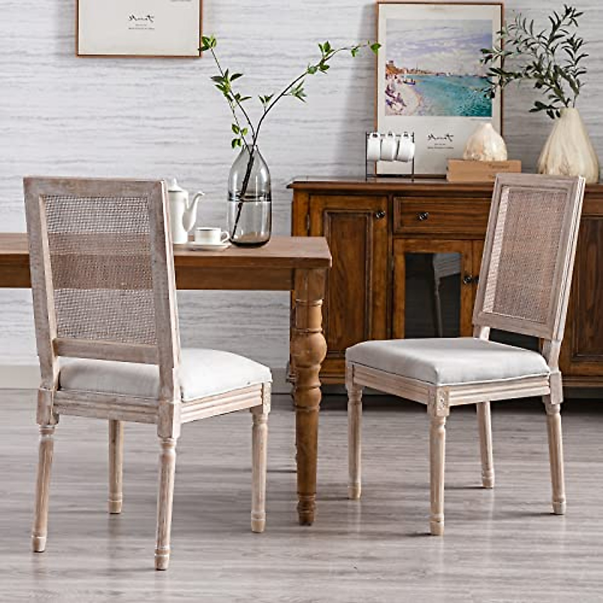 ZHENGHAO Vintage Farmhouse Dining Chairs Set of 2, French Country Dining Room Chairs with Rattan Back, Soild Wood Legs, Upholstered Chairs for Living Room/Kitchen/Restaurant, Beige