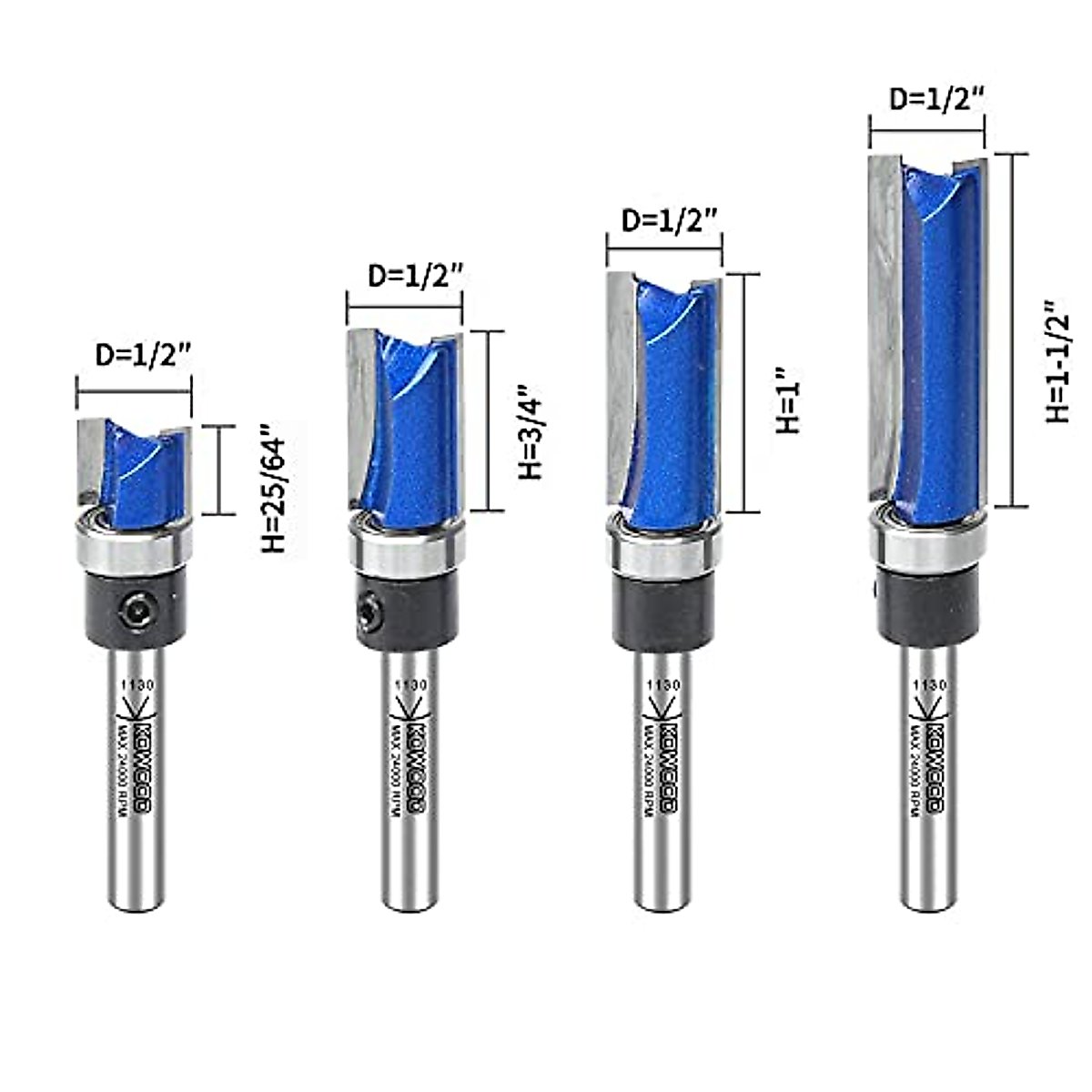 KOWOOD Plus Round-Over Edging/45° Chamfer/Core Box/90° V Groove Router Bit Set in C3 Carbide Tipped for Woodwork (Round-Over Edging)
