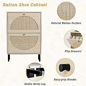 Angel Sar Rattan Shoe Cabinet with 2 Flip Drawers, Narrow Wood Shoe Storage Cabinet, Organizer for Entryway, Hallway, Bedroom, Apartment(Up to Women’s 9.5, Men’s 8.)