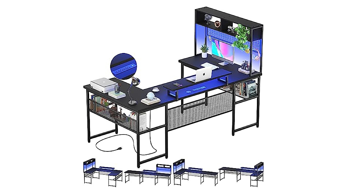Unikito U Shaped Desk with Hutch - Reversible & Smart RGB LED Lights
