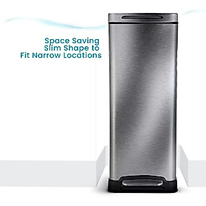 Home Zone Living 12 Gallon Slim Kitchen Trash Can, Stainless Steel, Step Pedal, 45 Liter