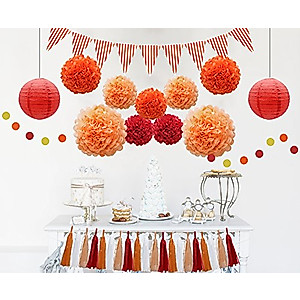 33pcs Party Decorations Supplies Set, Paper Lanterns Tissue Pom Poms Flowers Tassels Hanging Garland Banner Triangle Flag Bunting for Birthday, Baby Shower, Wedding Graduation Events (Orange, Red)
