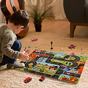 Fire Truck Toy Set,6 Pack Die-cast Fire Engine Model Car Toys,6 Pack Firefighter,Mini Alloy Metal Pull Back Car Toy with Large Jigsaw Fire Rescue Play Mat for Kids Boys Girls Toddler