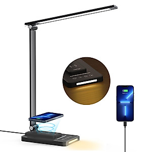 sympa LED Desk Lamp, Desk Lamp with Wireless Charger, Dimmable Desk Light with 25 Light Modes, Study Lamp with Night Light, 60 Min Timer, 5S Delay, for Home Office