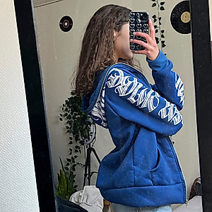 PLAYPUNK Women Zip Up Hoodie Y2k Letter Graphic Print Rhinestone Oversized Hoodies Gothic Jacket Vintage Streetwear (Blue, M)