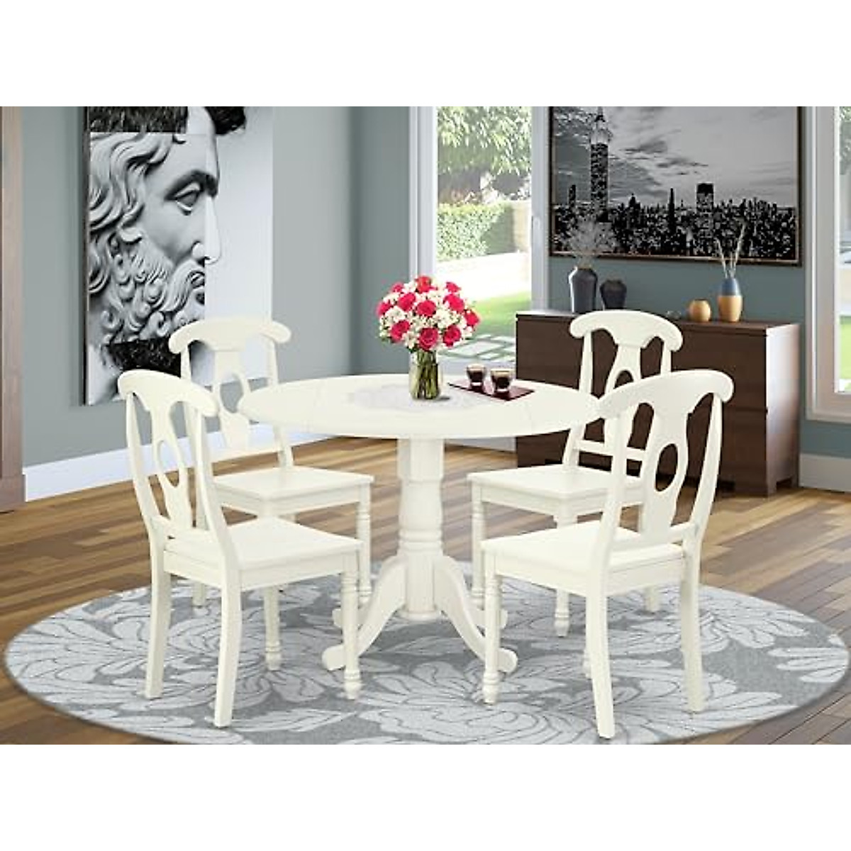 East West Furniture DLKE5-LWH-W 5 Piece Dining Room Furniture Set Includes a Round Kitchen Table with Dropleaf and 4 Dining Chairs, 42x42 Inch, Linen White