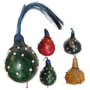 Gourd Maracus Shaker Covered With Net Of Beads And A Whisk. 6 in x 8 in. Overall length with whisk is approx 20 inches