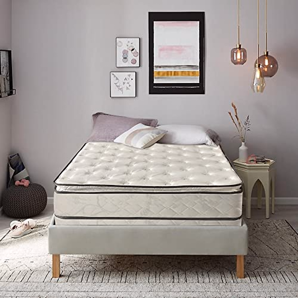 Greaton 10-Inch Medium Plush Pillowtop Innerspring 8" Wood Box Spring for Mattress, Full, Beige
