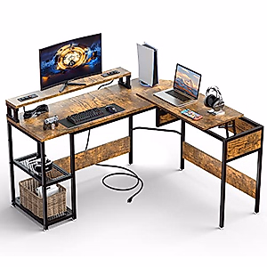 Computer Desk with Power Outlet and Lift Top, 55" L Shaped Gaming Desk, DORPU Corner Desk with Monitor Shelf and USB Port, L Shape Standing Desk Adjustable Sit to Stand Desk with Shelves, Rustic Brown