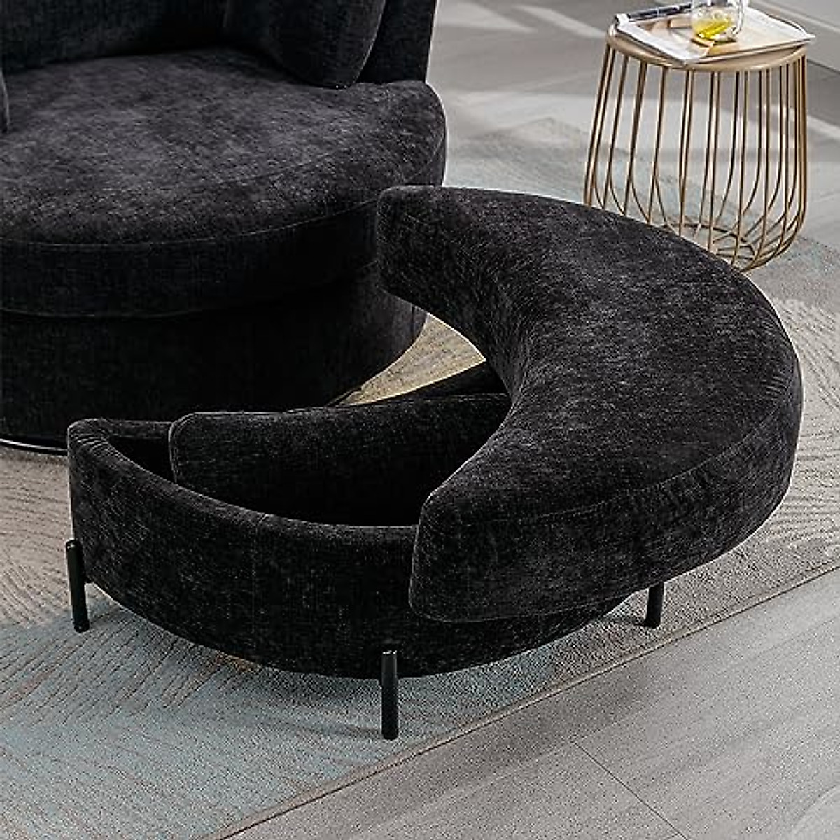 360° Swivel Accent Barrel Chair and Half Crescent Moon Storage Bench Large Ottoman with 4 Pillows,Upholstered Oversized Leisure Round Loveseat Recliner Sofa Chaise Lounge Circle Armchair for Club