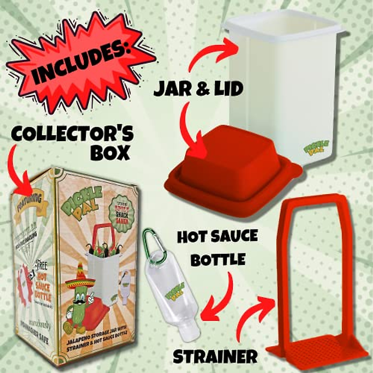 Jalapeno Container with Strainer Jar - Pickle Container with Strainer for Jalapeños, Chiles, Chamoy Pickle Food Storage | Pickle Jar with Strainer Flip 40 oz | Includes Hot Sauce Keychain | Pickle Pal